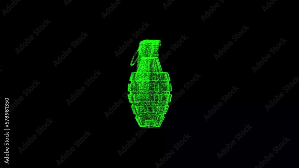 3D hand grenade rotates on black bg. Object dissolved green flickering ...