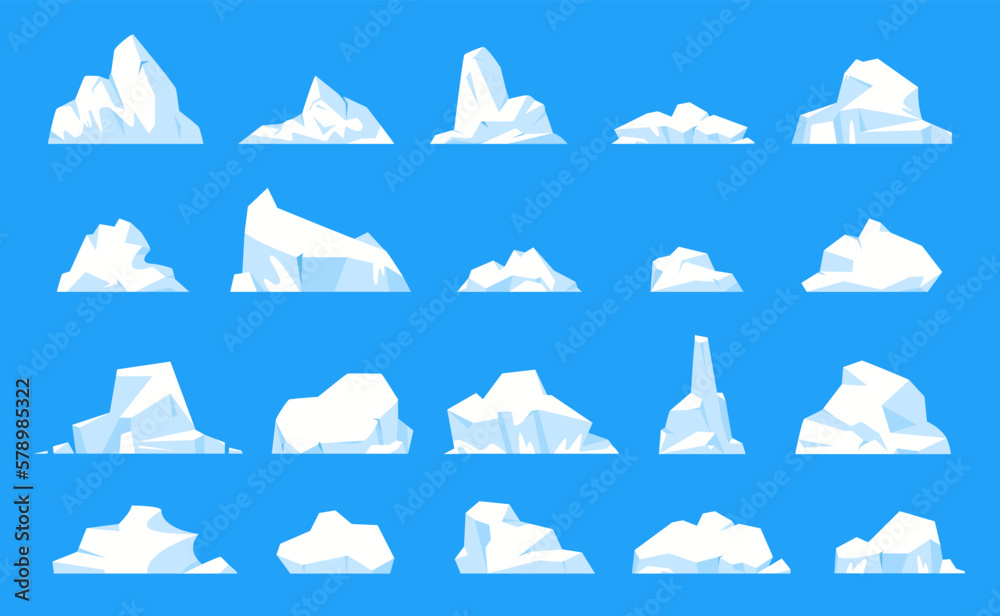 Iceberg collection. Floating ice mountain, cartoon glacier in arctic ...