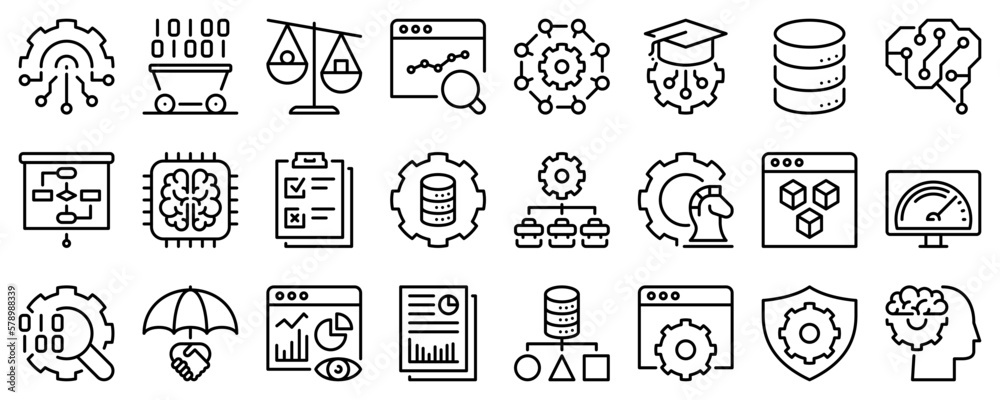 Line icons about business intelligence on transparent background with ...