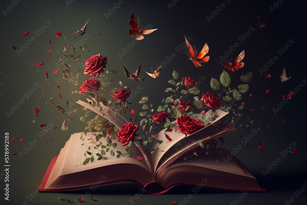 Open book with red roses flying out of it background summer made with ...