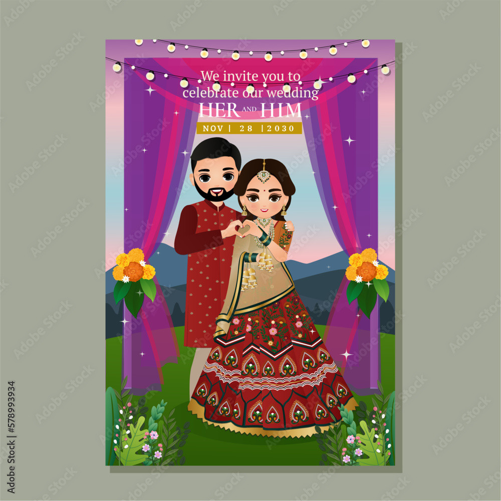 Bride and groom cute couple in traditional indian dress cartoon ...