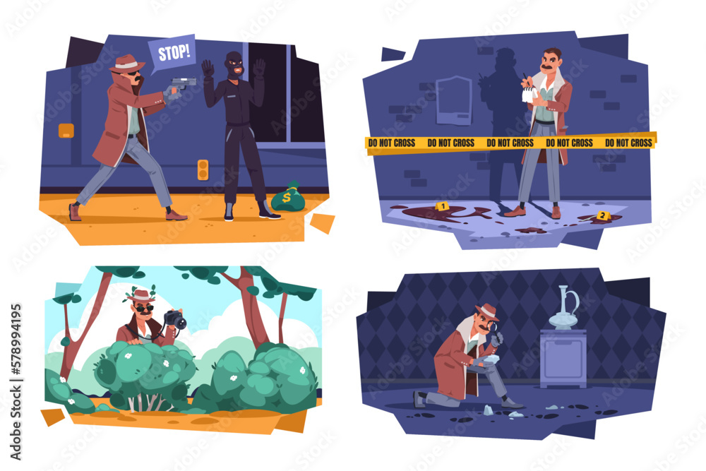 Detective scenes. Cartoon investigator character looking for homicide ...
