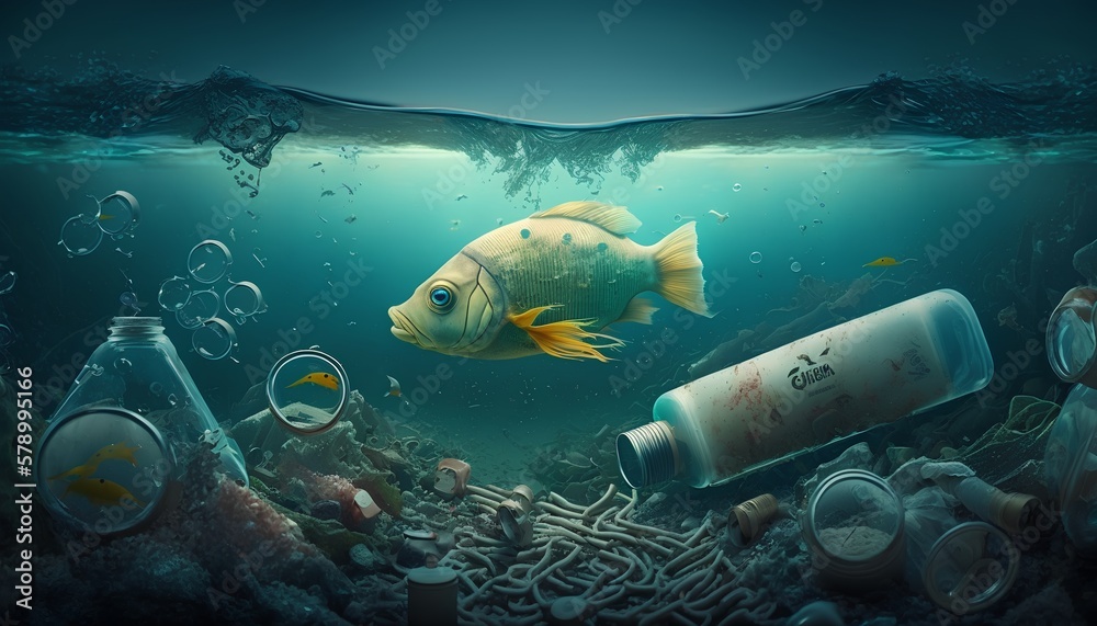 Discarded bottles and plastic garbage litter the seabed where fish and ...