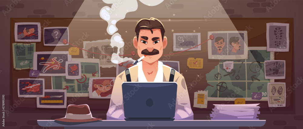Detective with clue board. Cartoon police agent character with crime ...
