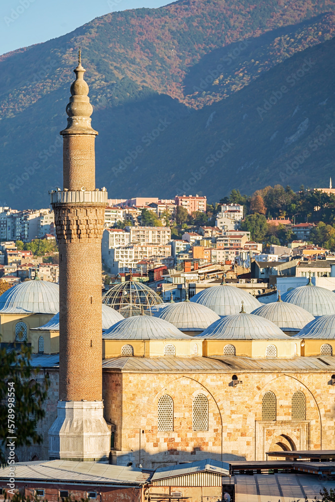 Minaret of Ulu Camii, historical mosque built by Bayezid I between 1396 ...