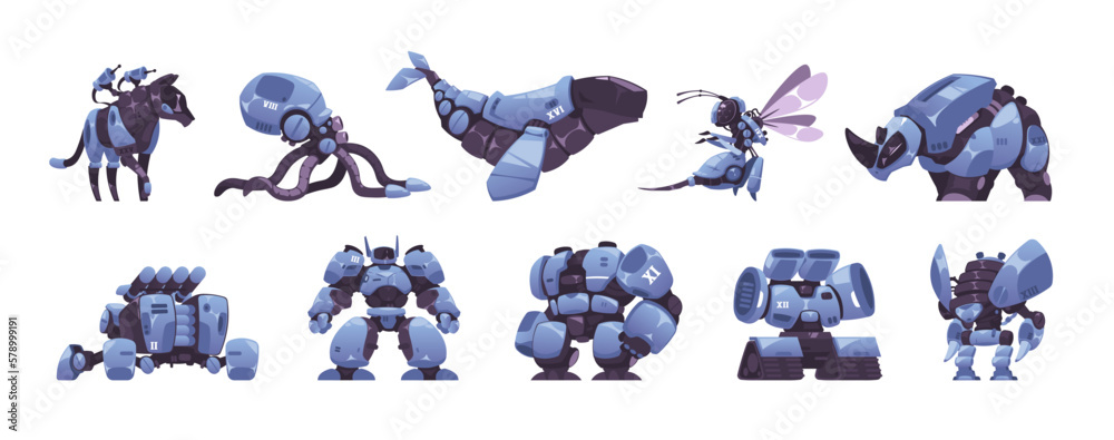Cyborg animals. Futuristic mechanical robot characters, cartoon punk ...