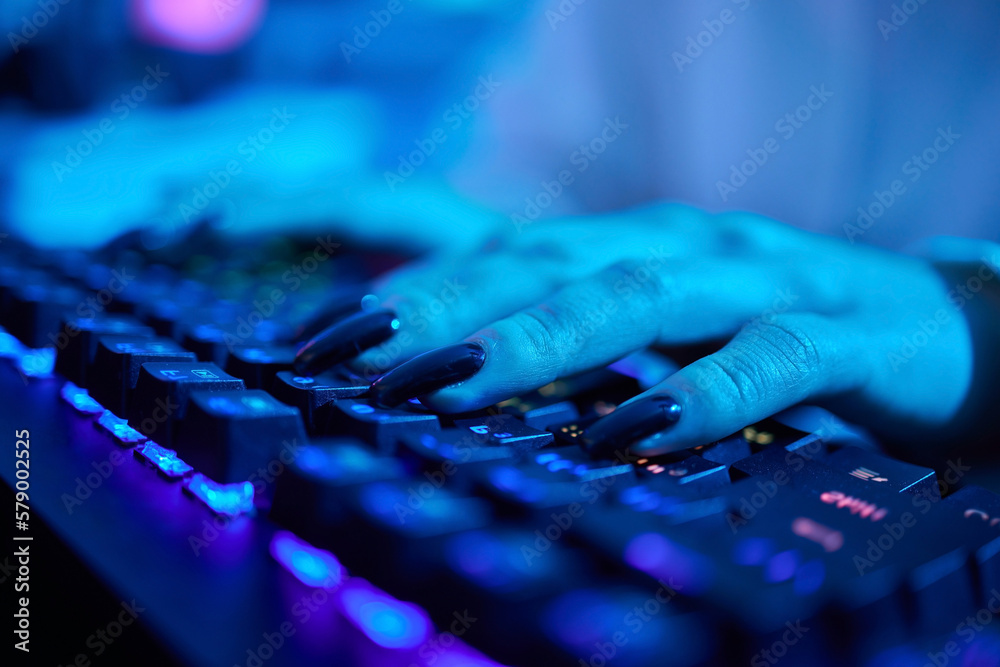 RGB gaming keyboard. Bright colorful keyboard, soft focus. Mechanical ...