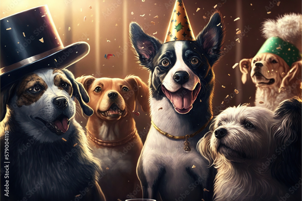 Ilustración de unos perros con gorros de fiesta mirándo a cámara ...