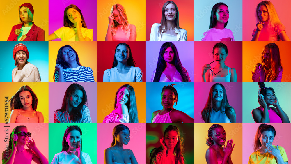 Emotions and facial expressions. Collage of ethnically diverse young ...