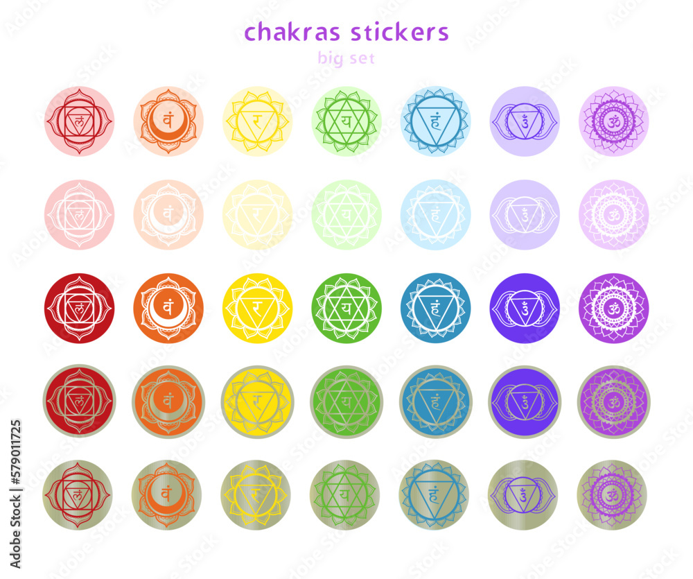 Big set of colorful chakra stickers for wall decoration in. Round icons ...