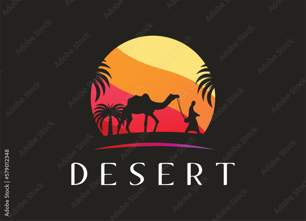 Arabian Logo caravan Camels in desert dunes on beige color gold sand ...