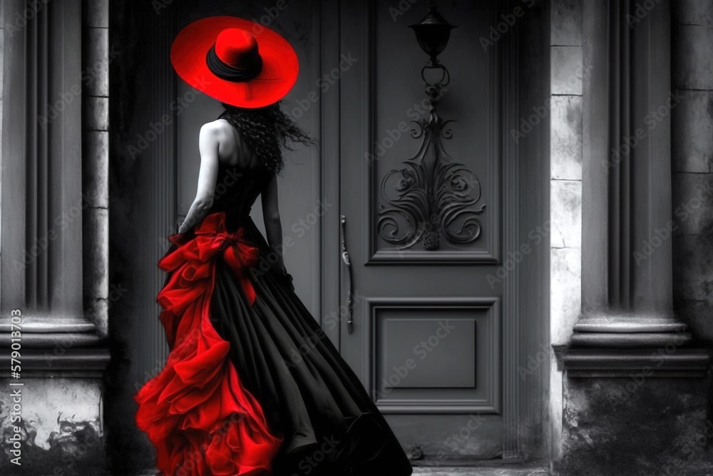 A black and white picture of a woman viewed from behind, wearing a ...