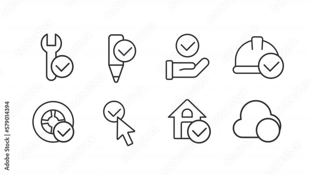 Animated checkmarks linear icons. Verification process. Approve operation. Check condition ...