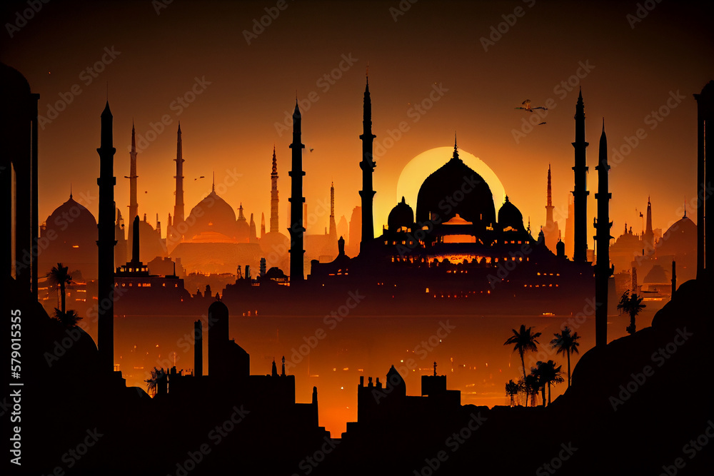 Mosque minarets and domes, Arabic and Islamic architecture skyline ...