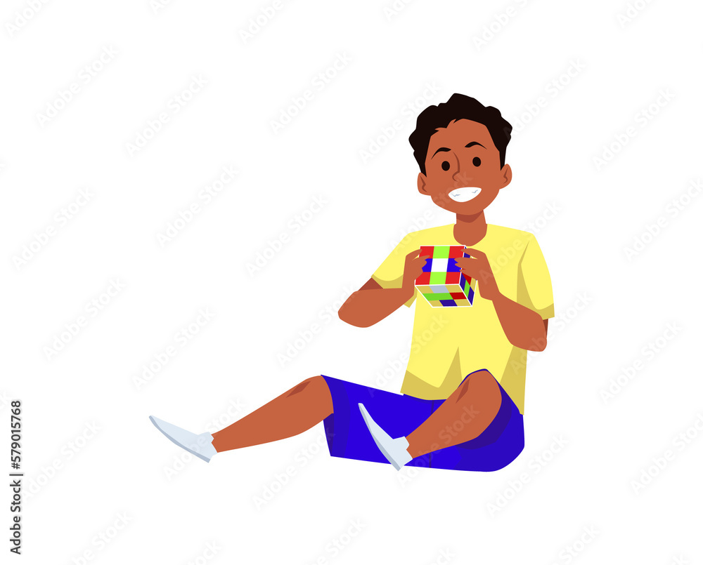 Child playing Rubik's Cube puzzle toy flat cartoon vector illustration ...