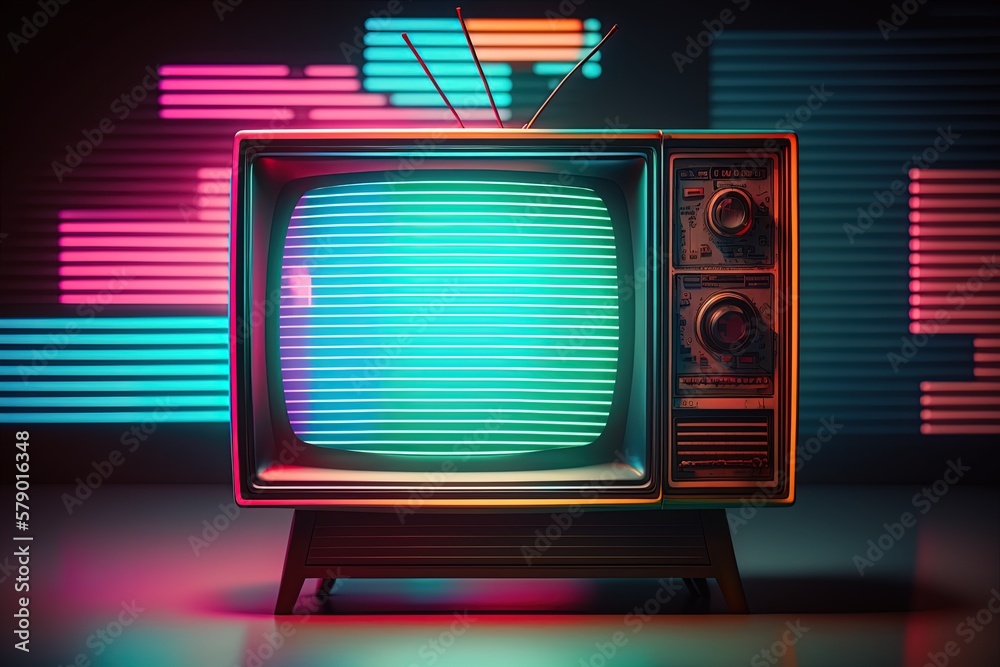 80s Retro wave style background displayed on vintage computer screen ...