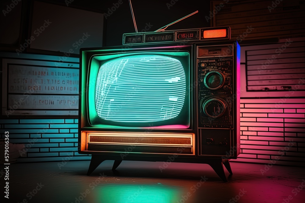 80s Retro wave style background displayed on vintage computer screen ...