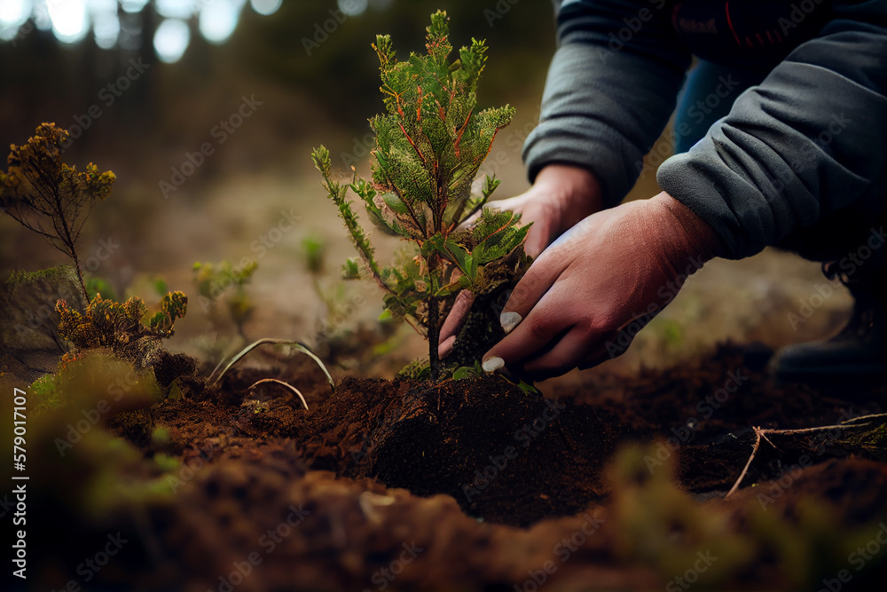 Planting young trees in new forest. Ecology activity concept ...
