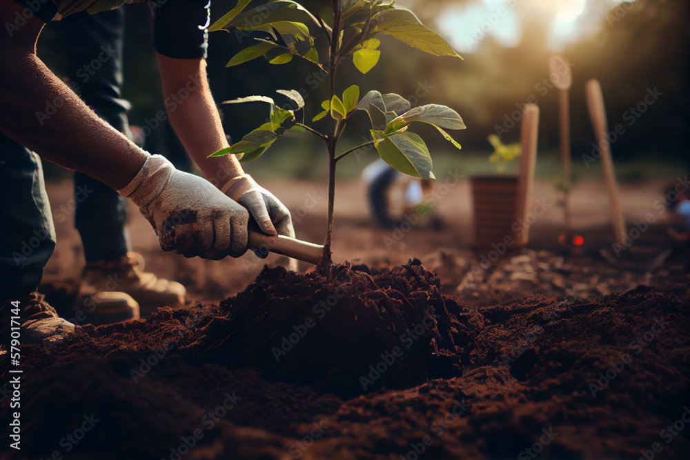 Planting young trees in new forest. Ecology activity concept ...