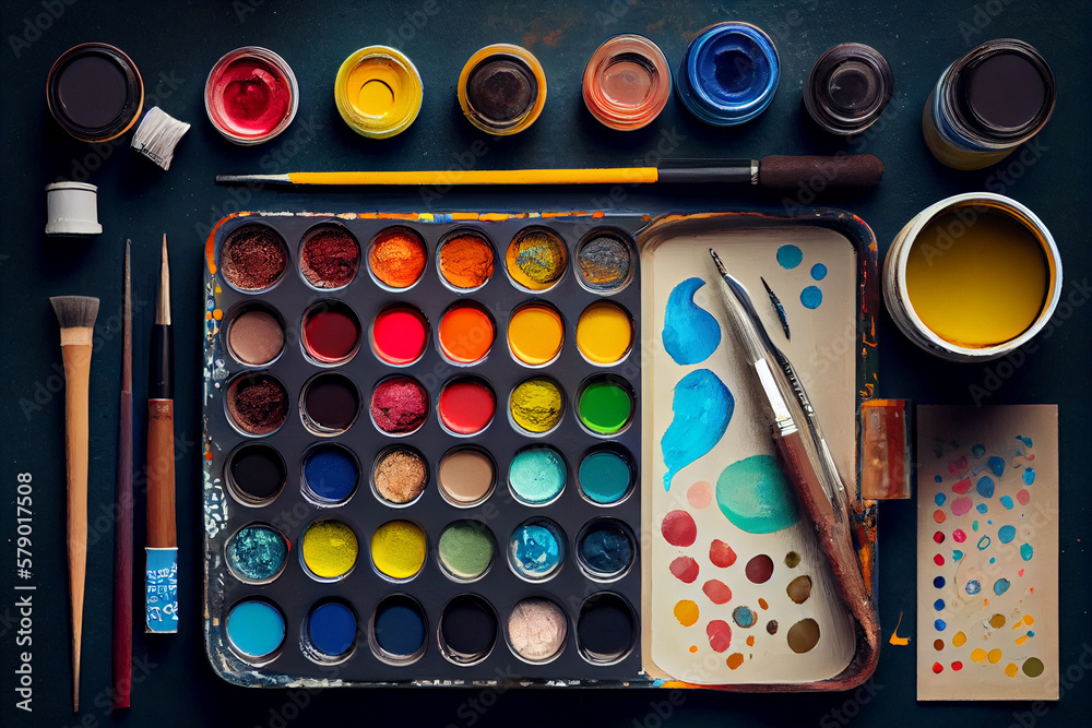 Artist painter tools and color palette. Top down flat lay background ...