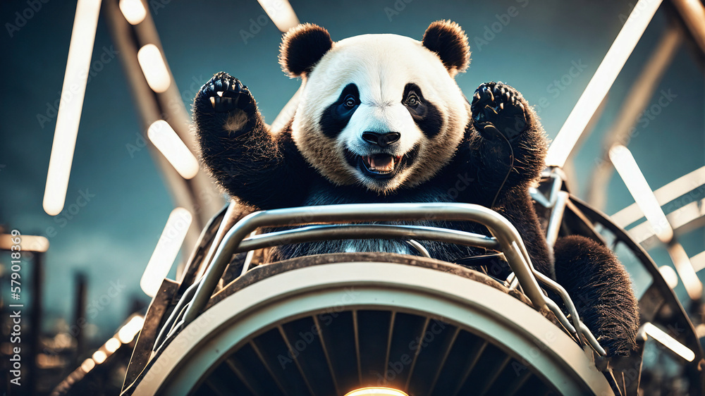 scared smiling panda with rised hands riding roller coaster at hight ...