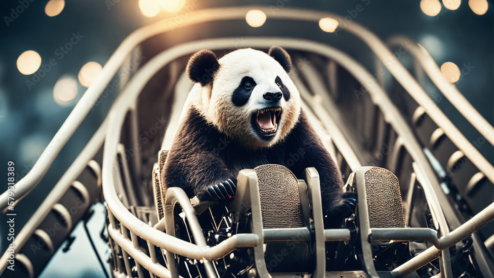 scared smiling panda riding roller coaster at hight speed, blurry ...