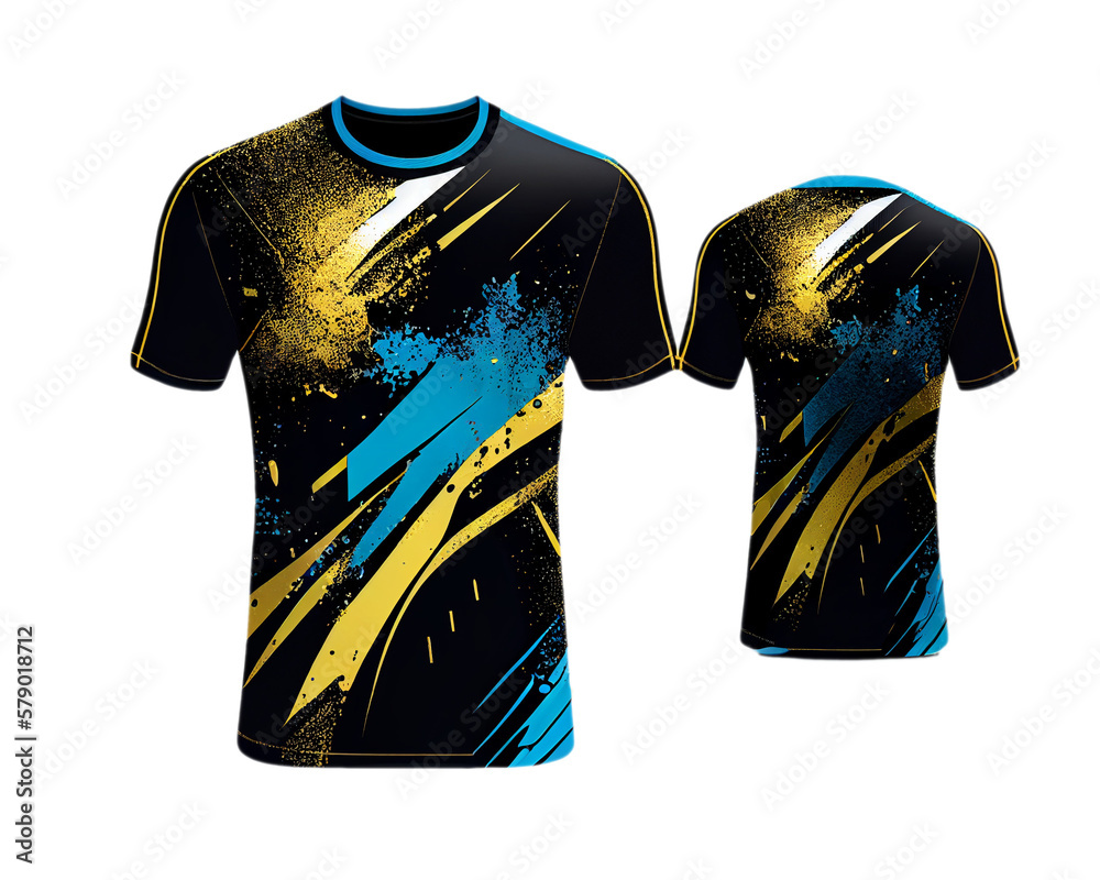 Mock up black jersey with blue and gold splash pattern and chest shape ...