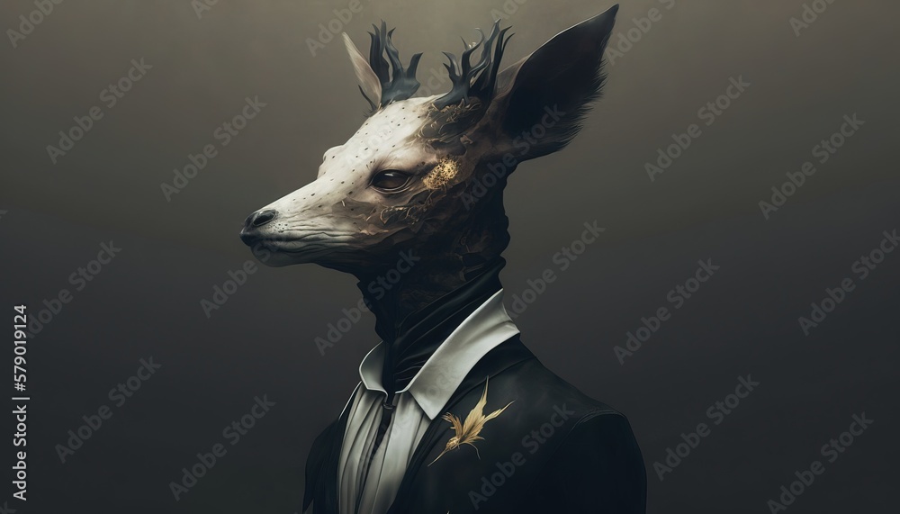 The anthropomorphic deer. Wild animal in human clothes, wallpaper ...