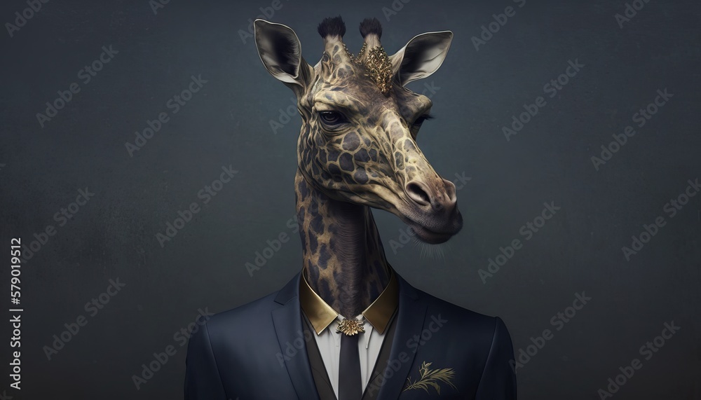 The anthropomorphic giraffe in a blue classical suit with a blue tie ...