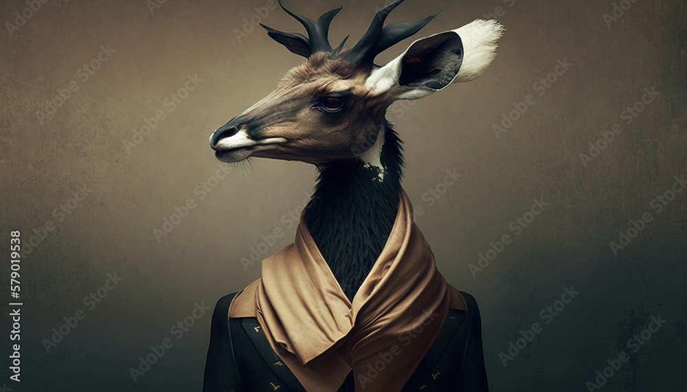 The anthropomorphic Deer with a golden scarf. Wild animal in human ...