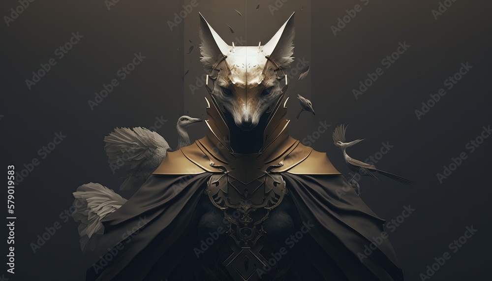 The anthropomorphic white fox in golden cape creature in human clothes ...