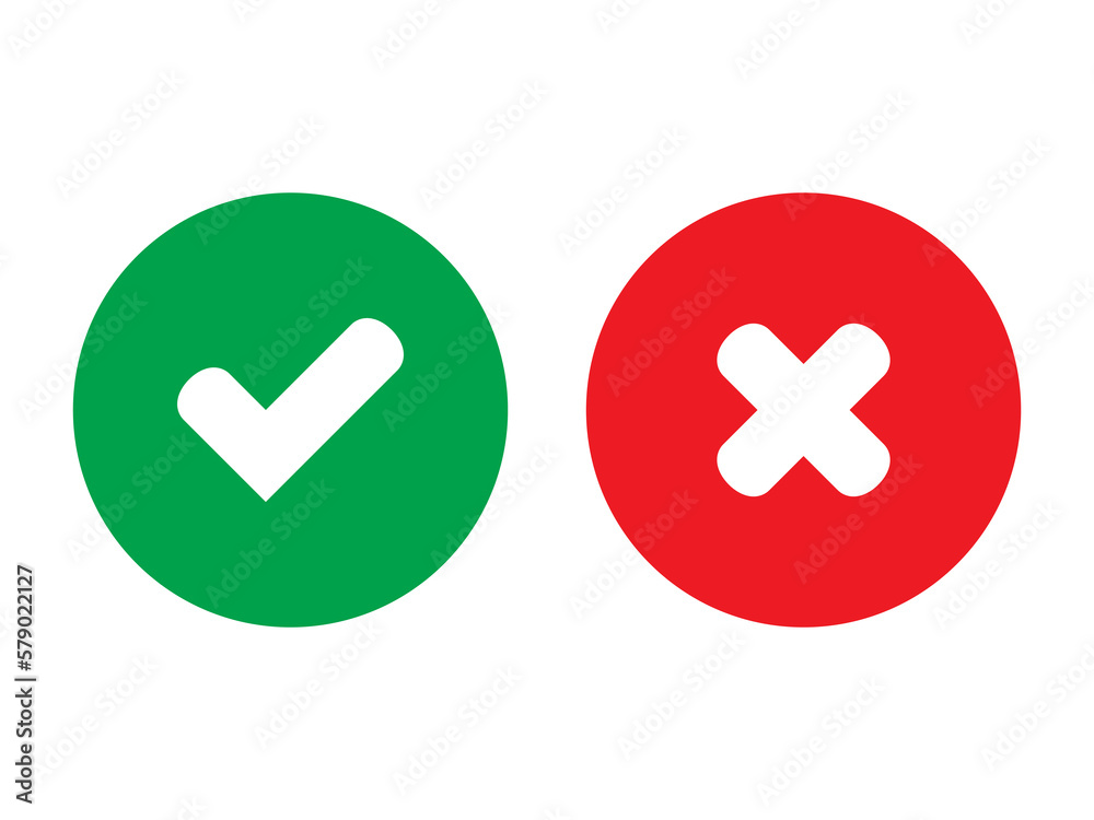 Green tick and red cross checkmarks in circle flat icons. Yes or no ...