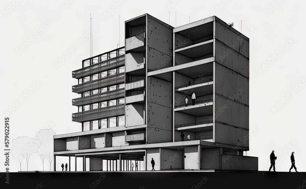 Minimalist architecture apartments/low-rise buildings in a brutalist ...