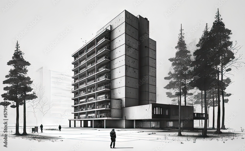 Minimalist architecture apartments/low-rise buildings in a brutalist ...
