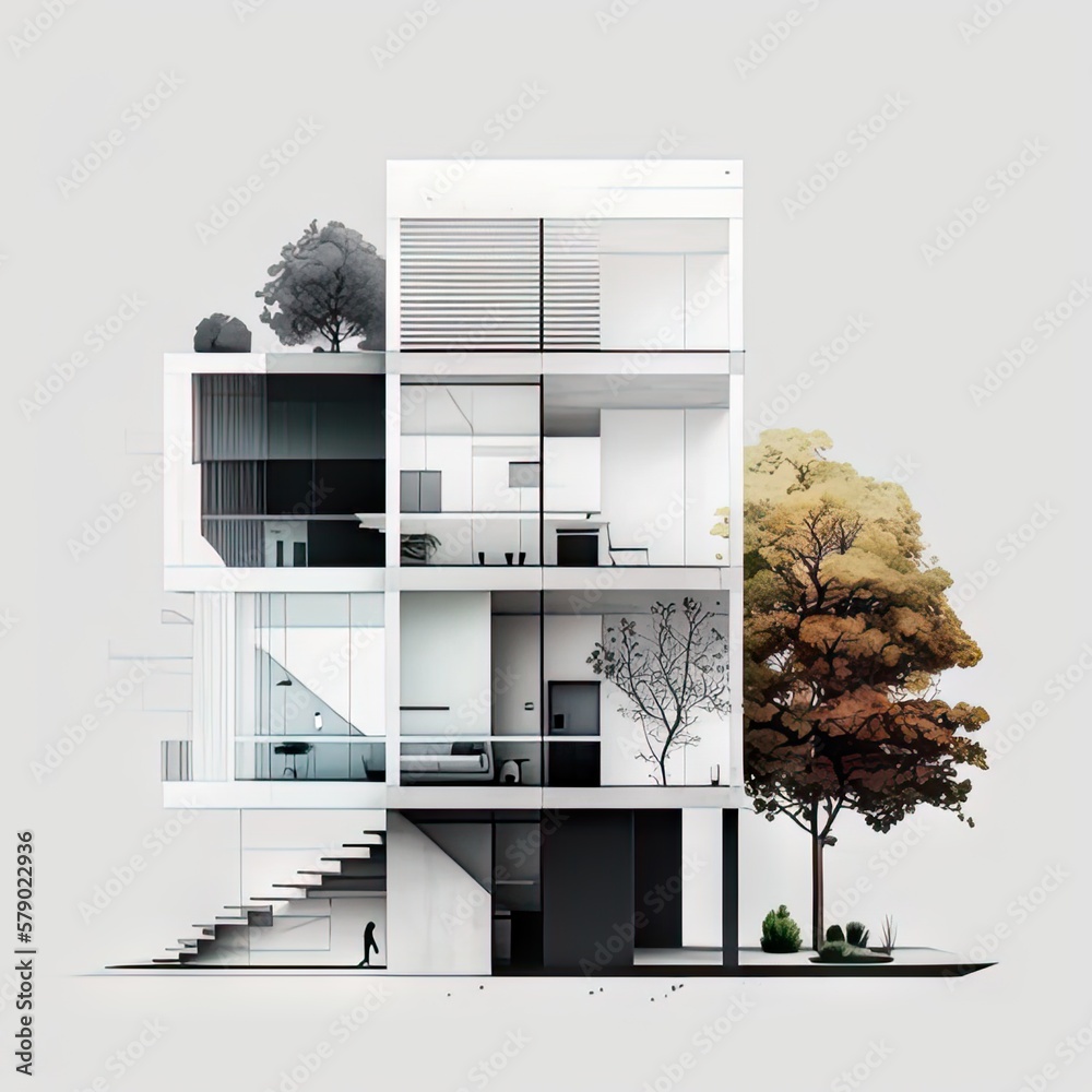 Minimalist architecture apartments/low-rise buildings in a brutalist ...