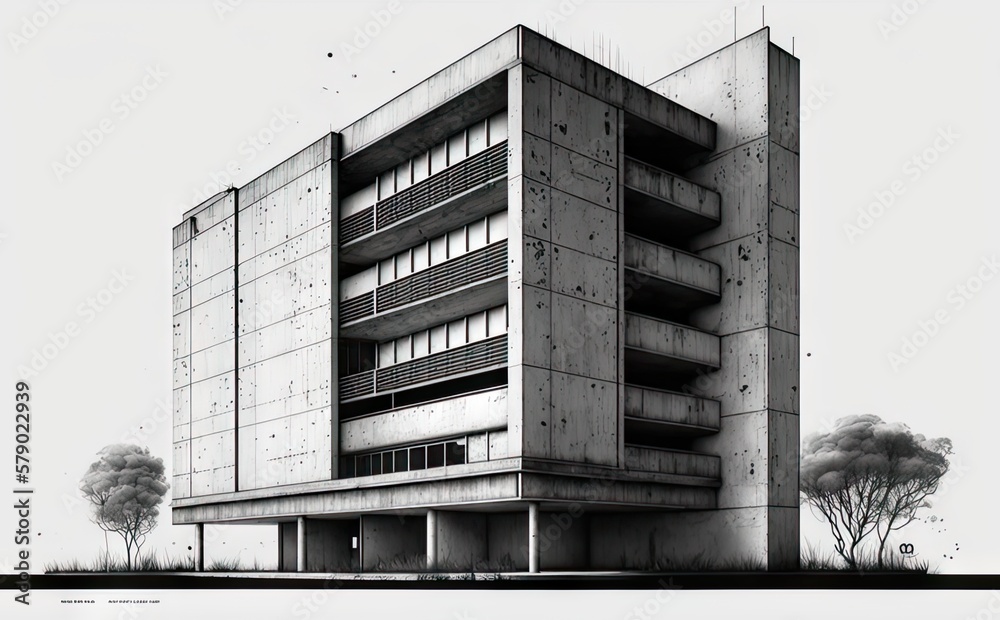 Minimalist architecture apartments/low-rise buildings in a brutalist ...