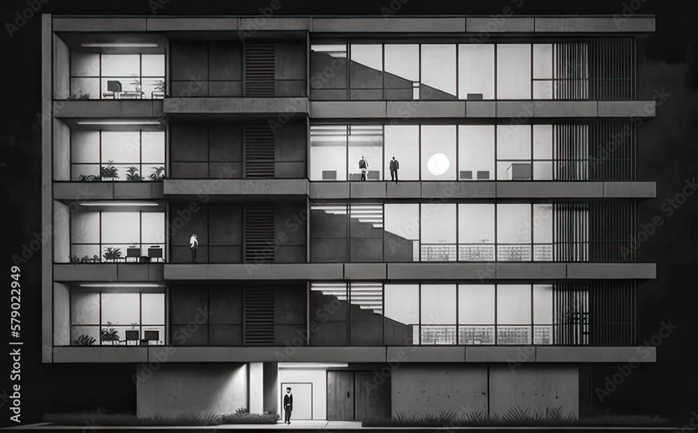 Minimalist architecture apartments/low-rise buildings in a brutalist ...