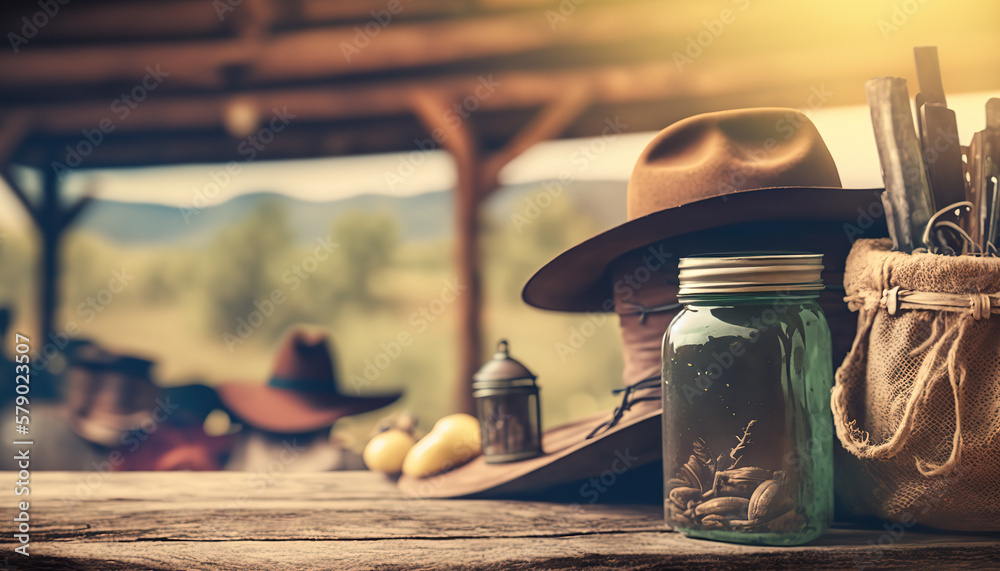 Rural background with close up cowboy hat. Rustic outdoor backdrop. AI ...
