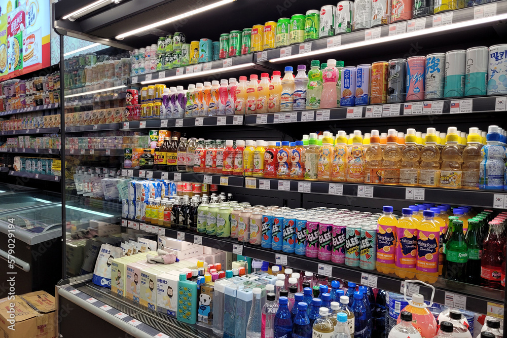 PENANG, MALAYSIA - 7 MARCH 2023: Various brands soft drink, coffee, tea ...
