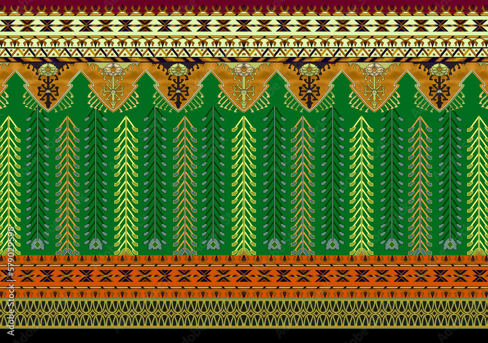 Green Geometric Ethnic border design composition, textile design ...