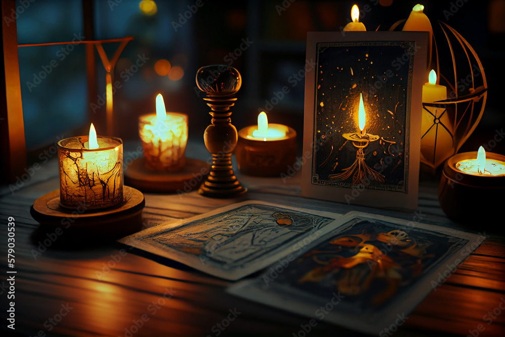 Tarot cards on fortune teller old desk background. Future reading ...