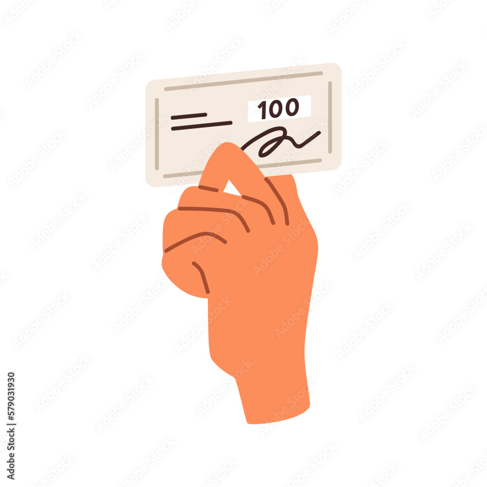 Bank cheque in hand. Holding paycheck, financial check with signature ...