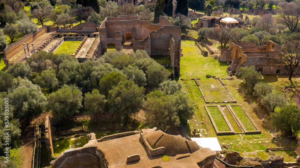Aerial view of the Nymphaeum in Hadrian's Villa at Tivoli, near Rome ...