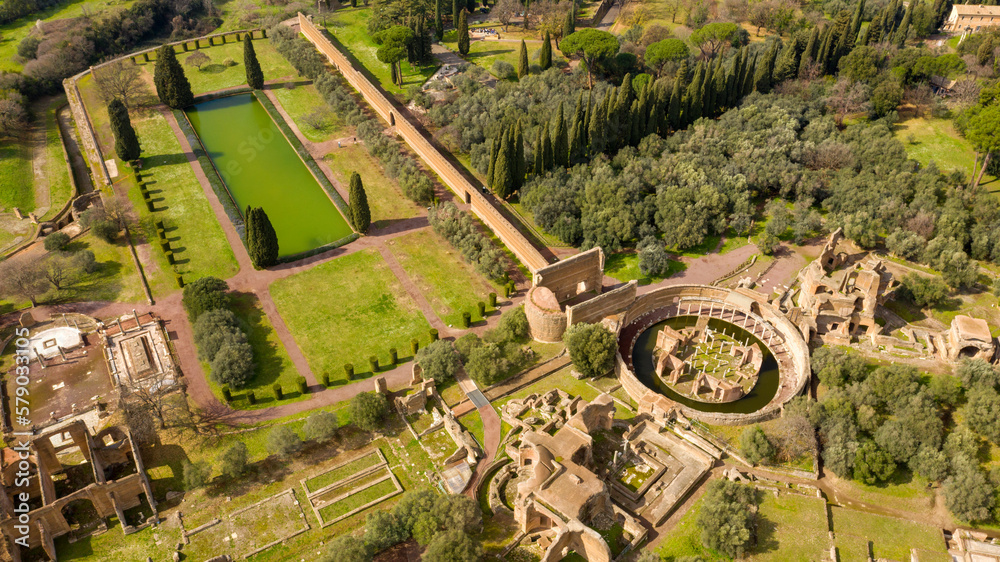 Aerial view of Hadrian's Villa at Tivoli, near Rome, Italy. Villa ...