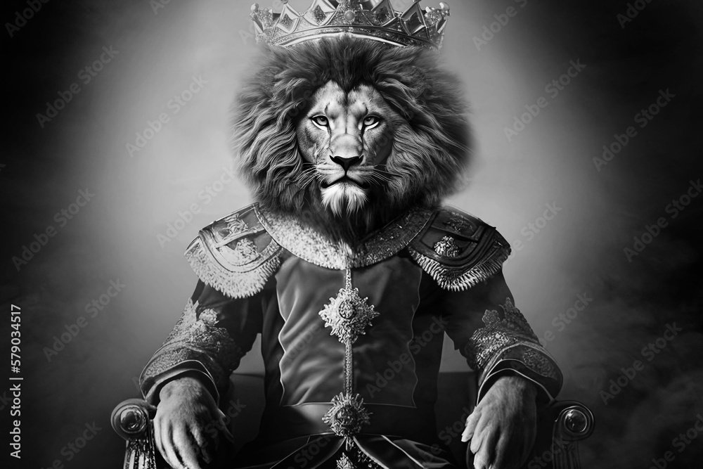The lion person dressed in kings clothes and the crown on his head ...