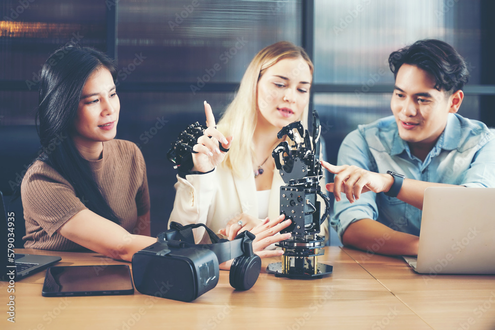 Group team work programer and engineer working AI robot arm system ...