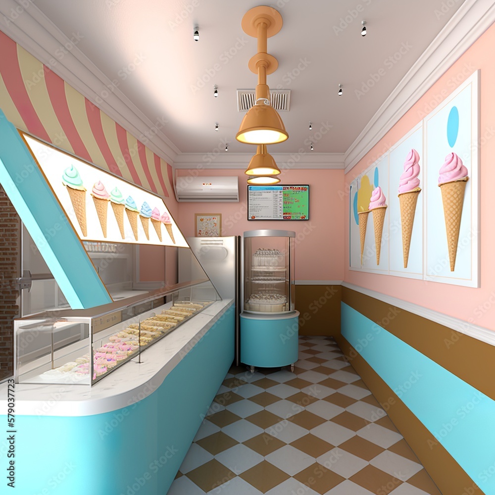 professional real ice cream shop, interior modern pink wall checkered ...