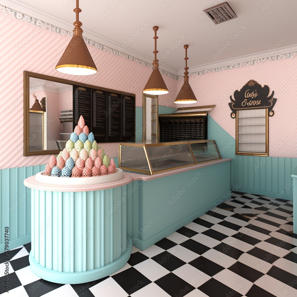 professional real ice cream shop, interior modern pink wall checkered ...