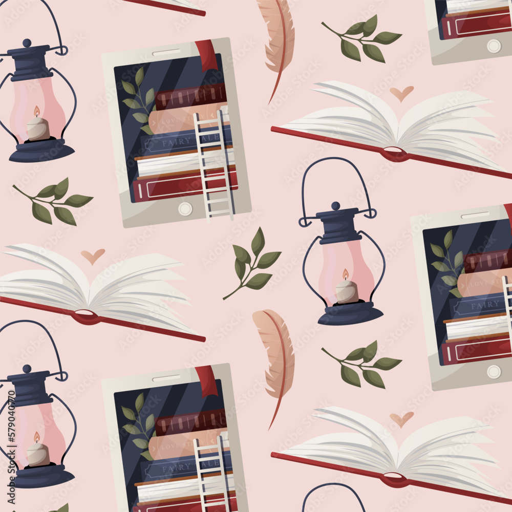 Seamless pattern with open huge book with heart, electronic ebook ...