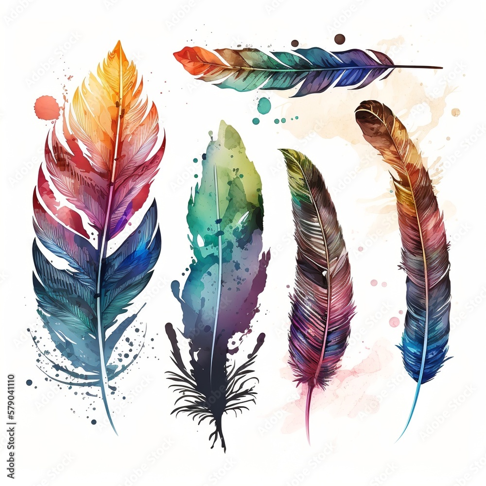 Watercolor colorful feather set isolated flaky soft smooth paint ...